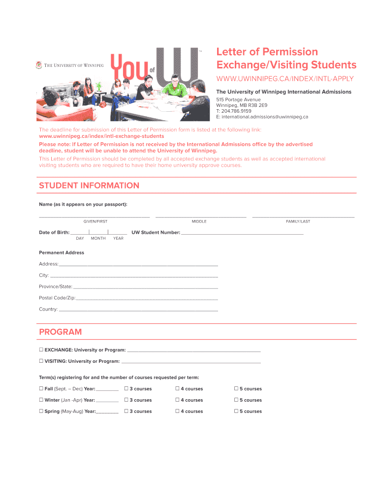 Fillable Online uwinnipeg Letter of Permission Exchange/Visiting Students - The University of ...