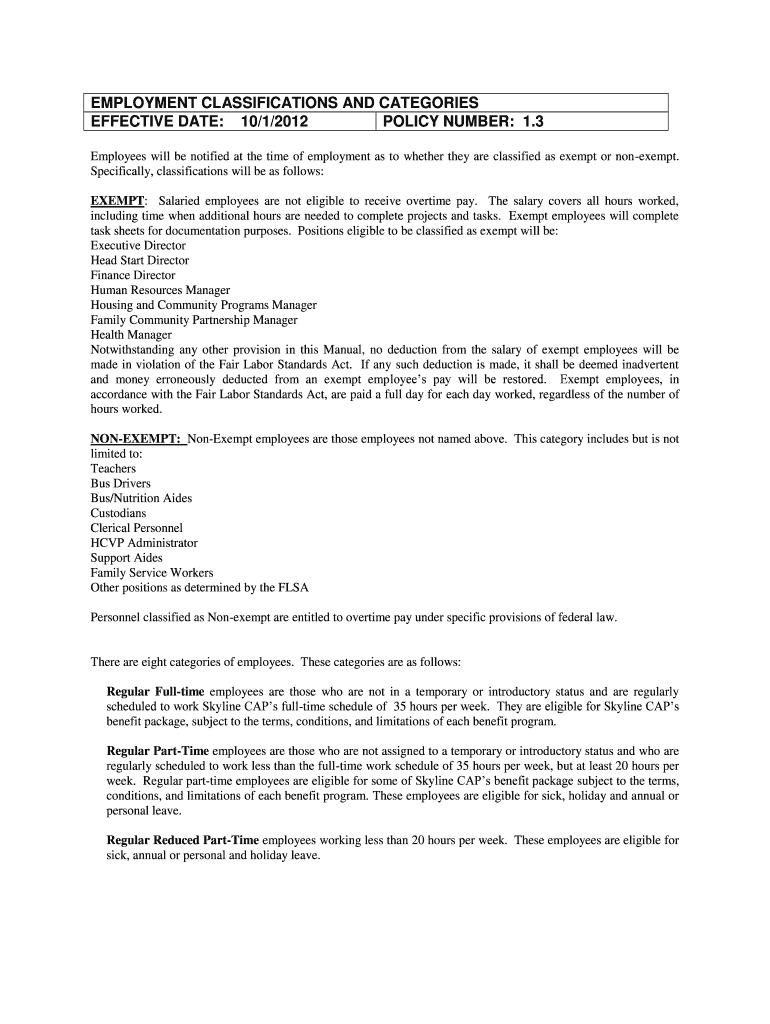 Fillable Online skylinecap Employment classifications and categories effective ... - Skyline CAP ...