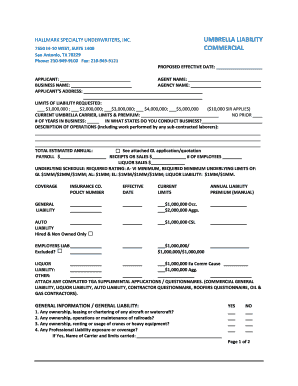 Fillable Online UMBRELLA APPLICATION UPDATED 11 01 11 Fax Email Print ...