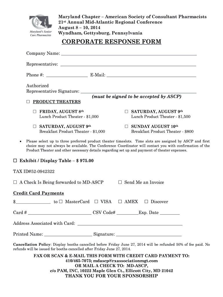 Fillable Online Corporate response form - American Society of ...