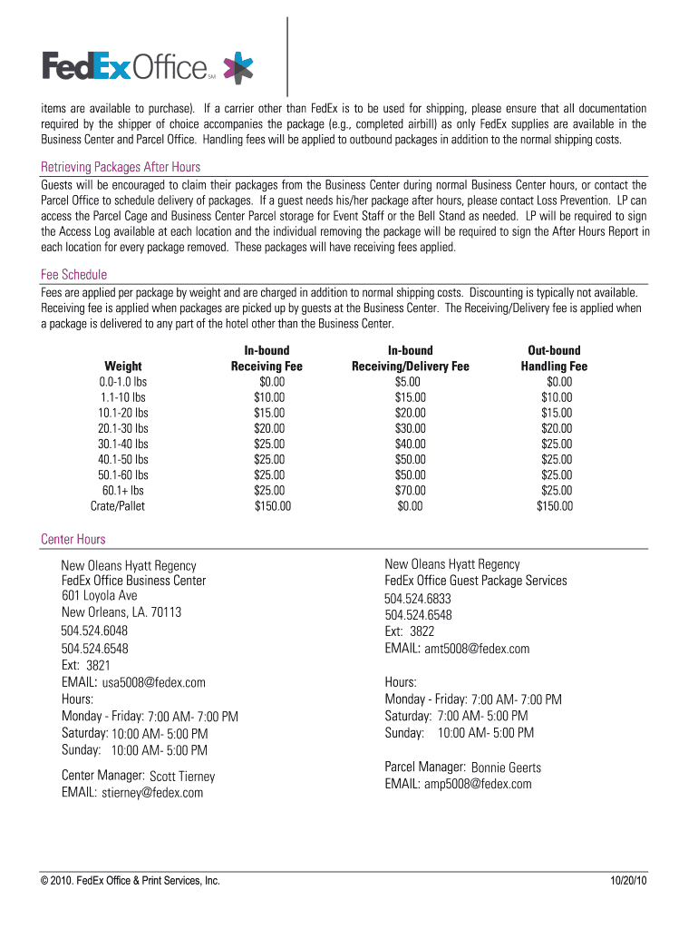 Fillable Online napcp Retrieving Packages After Hours Fee Schedule Center ... - napcp Fax Email ...