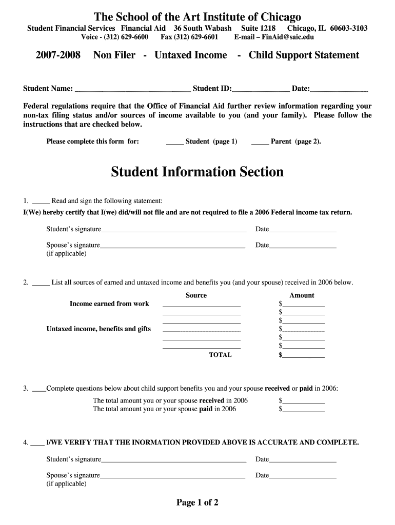 Fillable Online artic 2007-2008 Non Filer - Untaxed Income - Child ...
