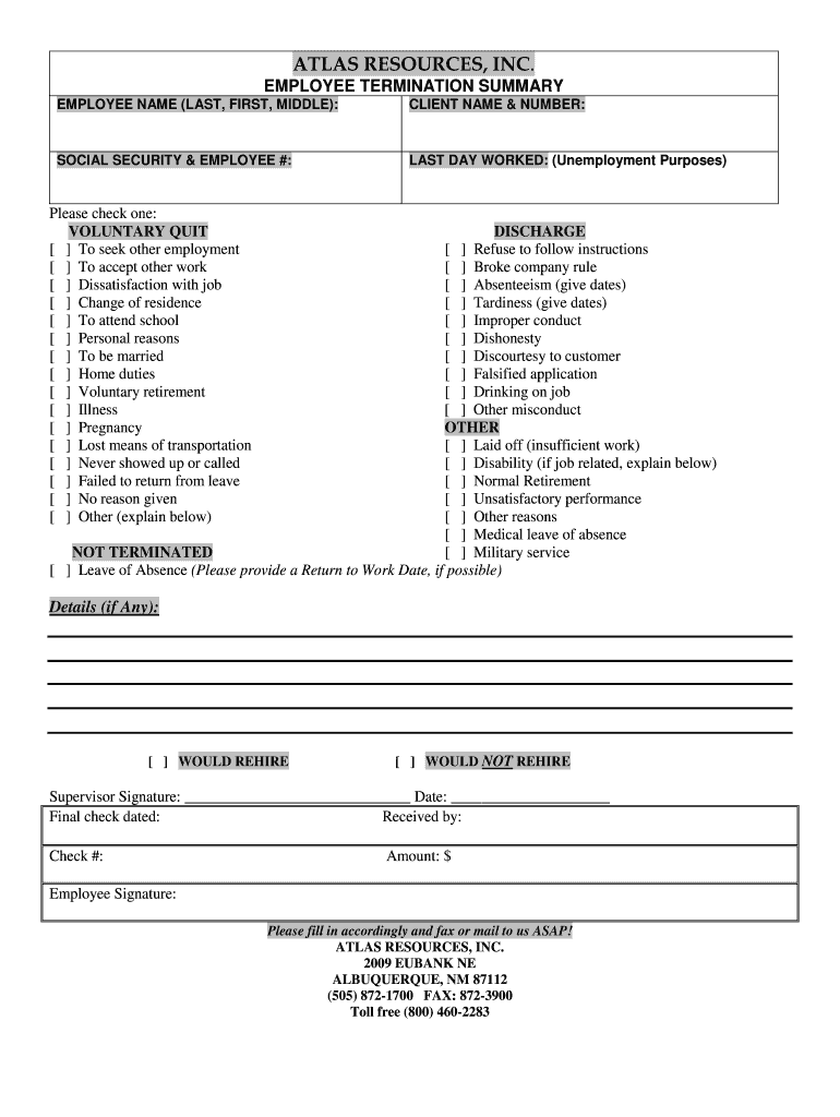 Fillable Online Employee Termination Summary - Atlas Resources - Home ...