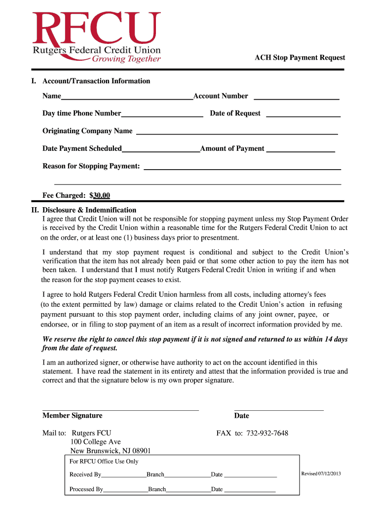 Fillable Online rutgersfcu ACH Stop Payment Request I ...
