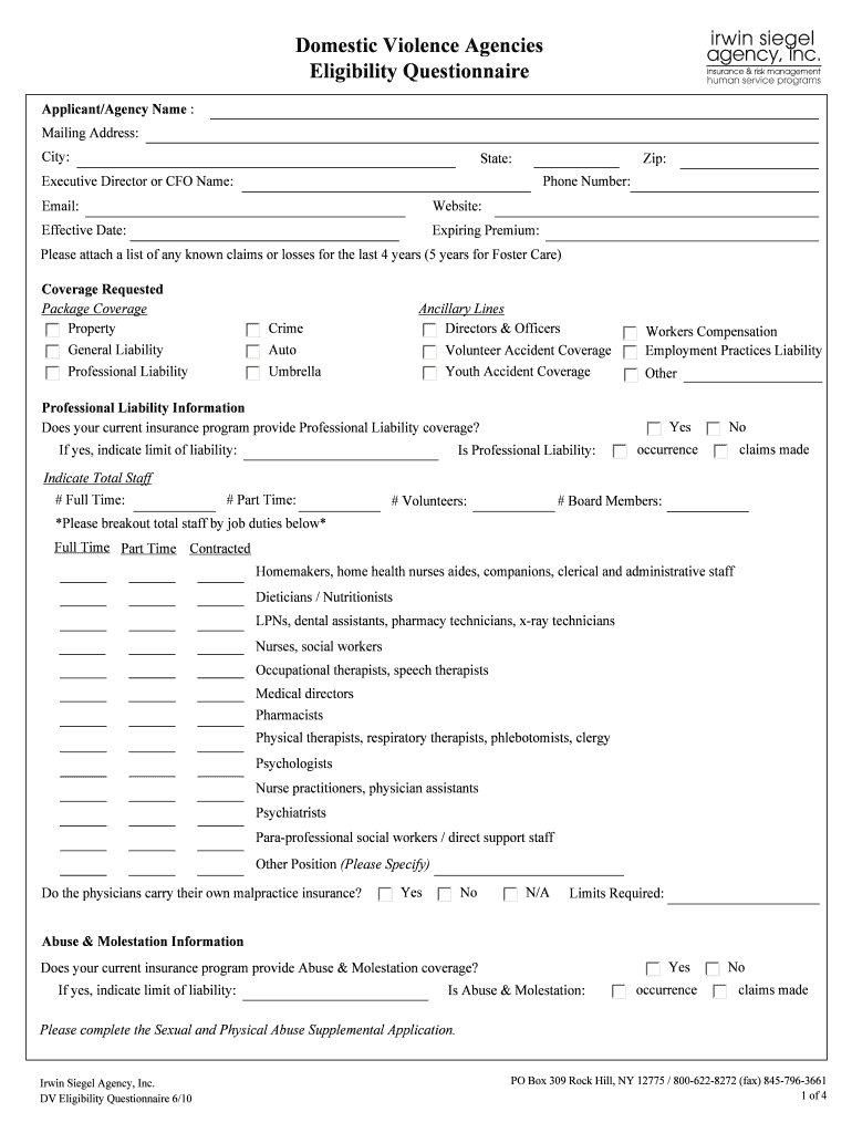 Fillable Online Domestic Violence Eligibility Questionnaire - Irwin ...