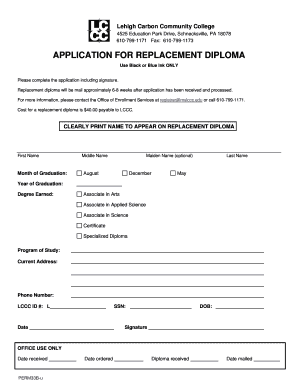 Fillable Online lccc BApplicationb For Replacement Diploma - Lehigh ...