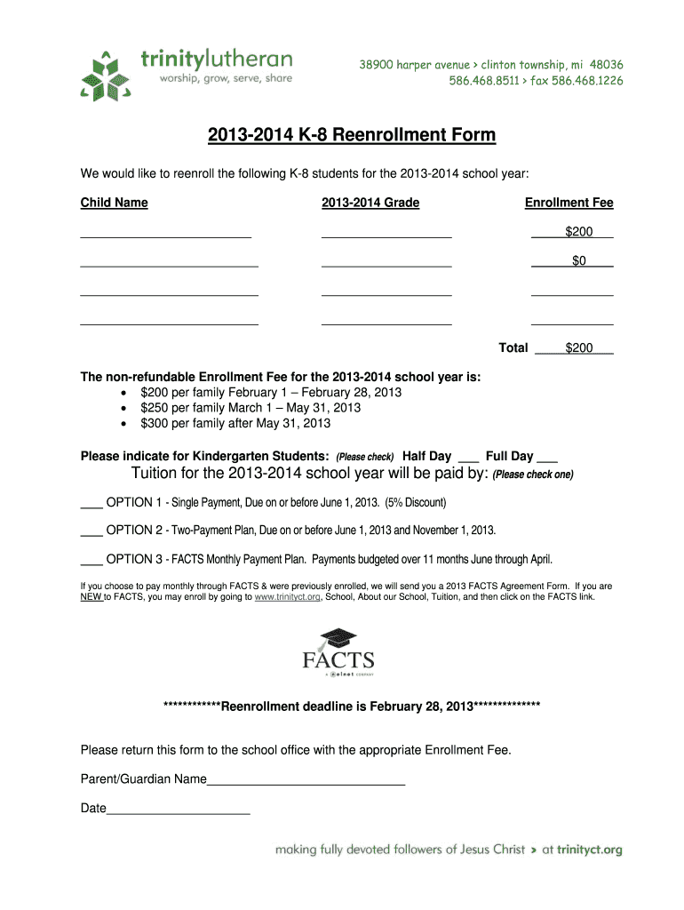 Fillable Online trinityct 2013-2014 K-8 Reenrollment Form Fax Email Print - pdfFiller