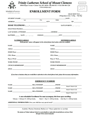 Fillable Online trinityct 2013-2014 Enrollment Form - Trinity Lutheran ...