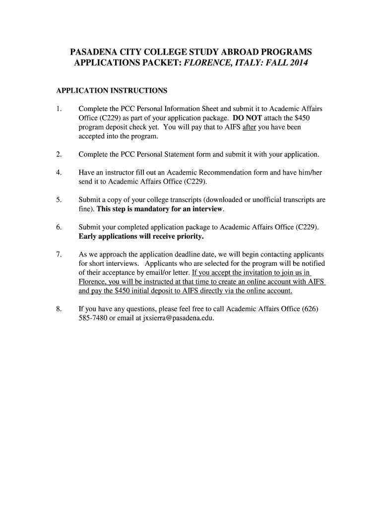 Fillable Online pasadena PCC Florence Program Application Form ...