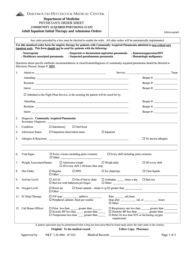 Fillable Online COMMUNITY ACQUIRED PNEUMONIA (CAP) Fax Email Print - pdfFiller