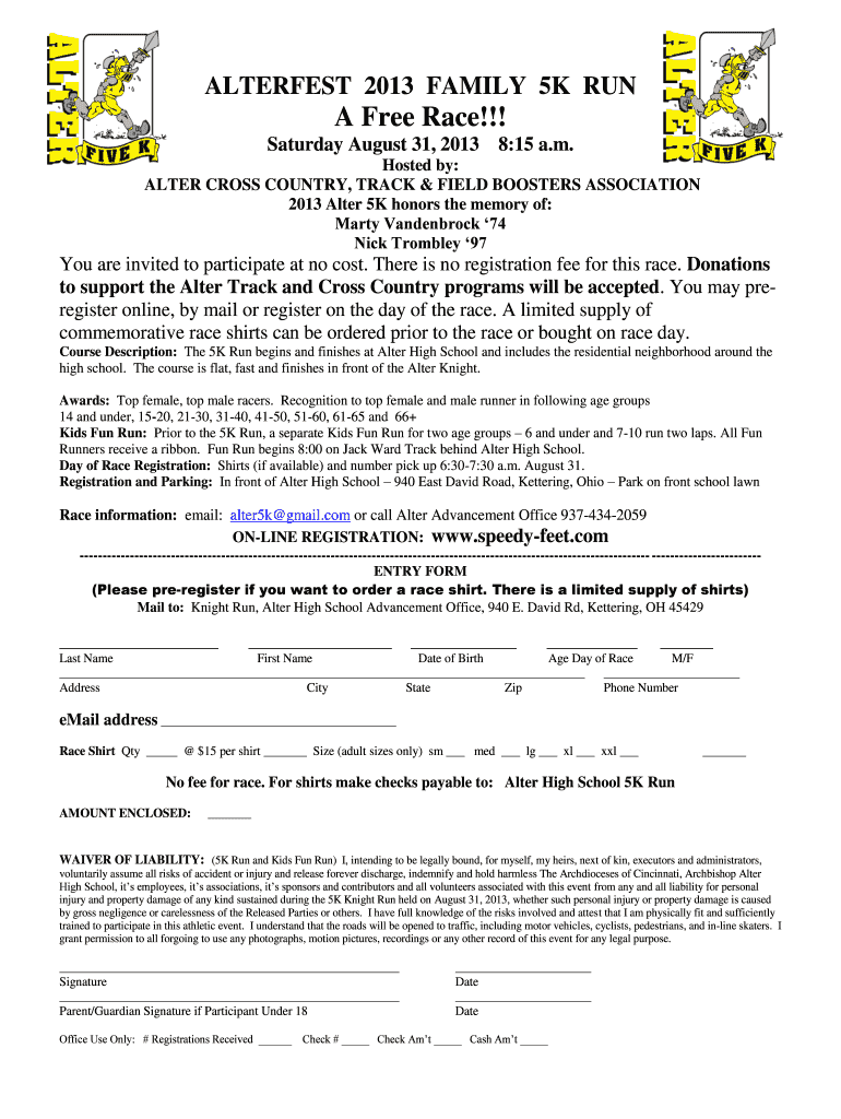 Fillable Online alterhs 2013_ALTER_5K_registration_form - Alter High School - alterhs Fax Email ...