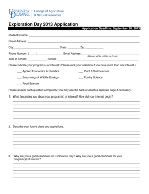Fillable Online ag udel Exploration Day 2013 Application - ag udel Fax ...