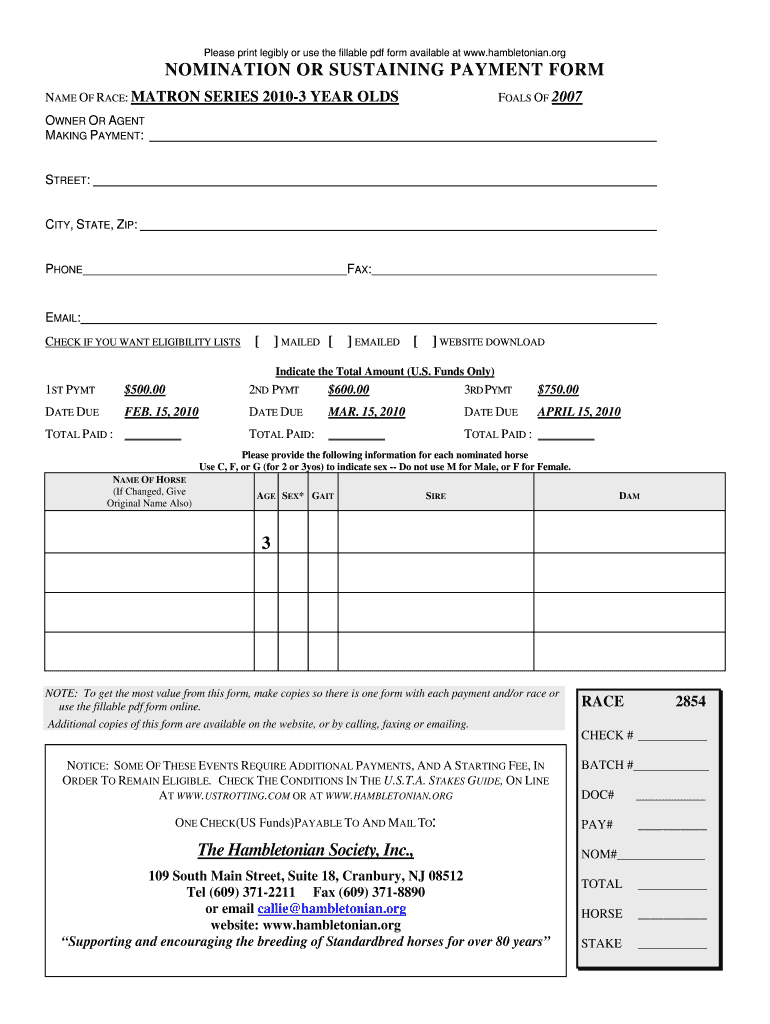 Fillable Online hambletonian org NOMINATION OR SUSTAINING PAYMENT FORM ...