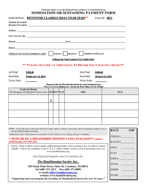 Fillable Online hambletonian 2014 Keystone Classic 3YO Payment Form ...
