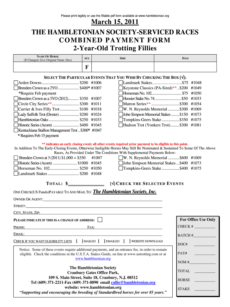 Fillable Online hambletonian 2-Year-Old Trotting Fillies Fax Email ...