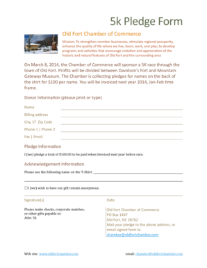 Fillable Online 5k Pledge Form - Old Fort Chamber of Commerce Fax Email ...