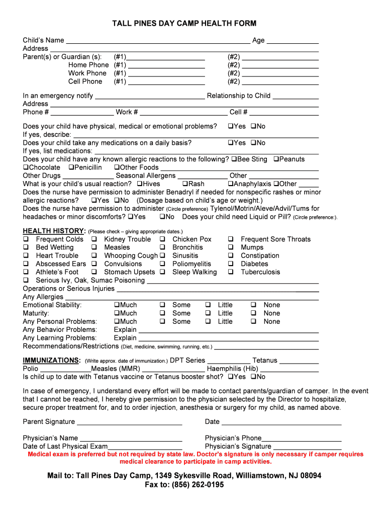 Fillable Online Tall pines day camp health form Fax Email Print - pdfFiller