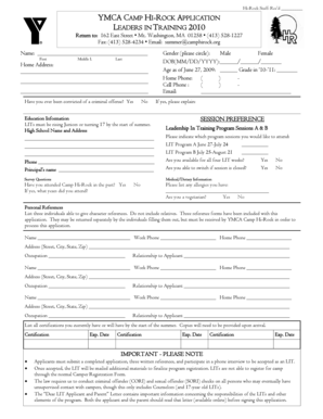 Fillable Online 2010 Leader in Training Application - YMCA Camp Hi-Rock ...