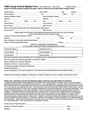Fillable Online Medical Form and Medical History Form - YMCA Camp Hi ...