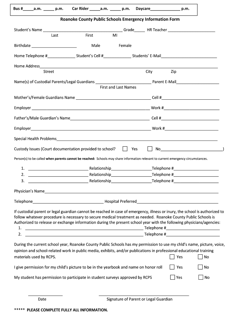 Fillable Online Roanoke County Public Schools Emergency Information Form Fax Email Print - pdfFiller