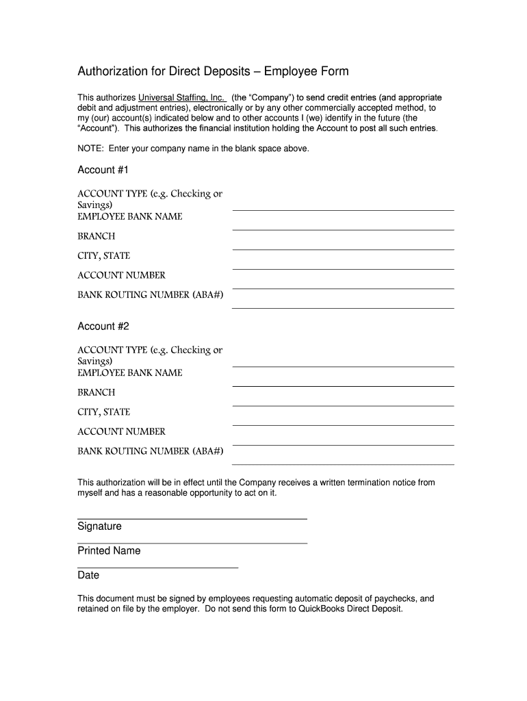 Fillable Online Authorization for Direct Deposits Employee Form ...