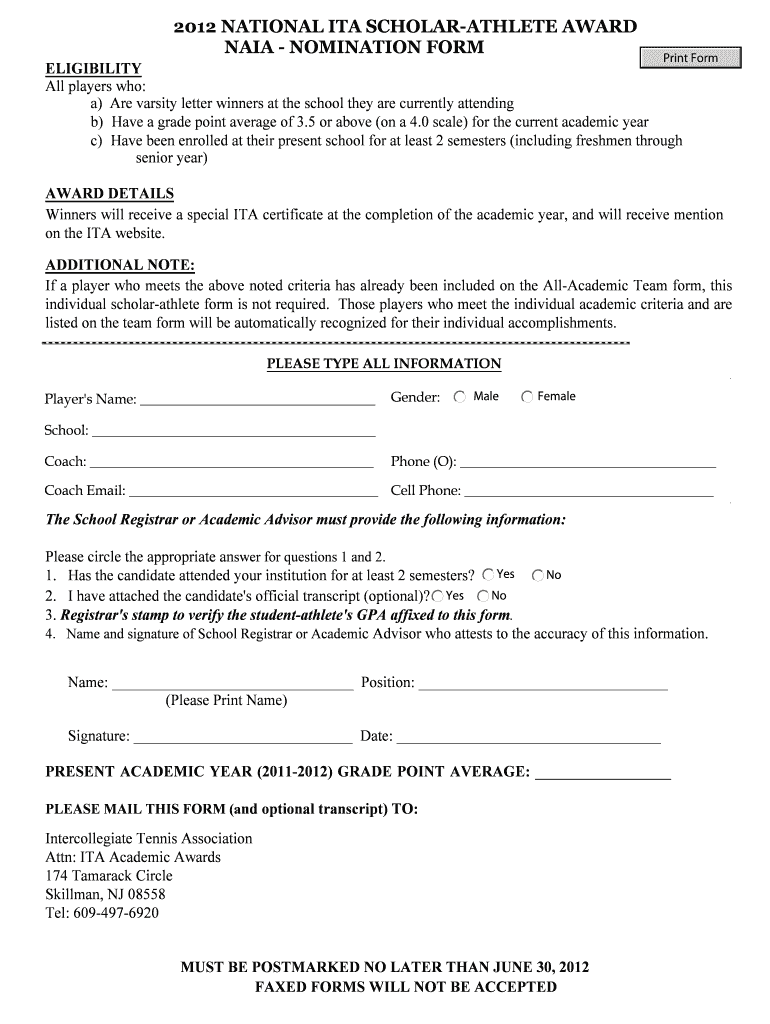 Fillable Online 2012 national ita scholar-athlete award naia ...