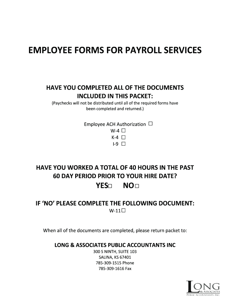 Fillable Online EMPLOYEE FORMS FOR PAYROLL SERVICES - Long & Associates ...