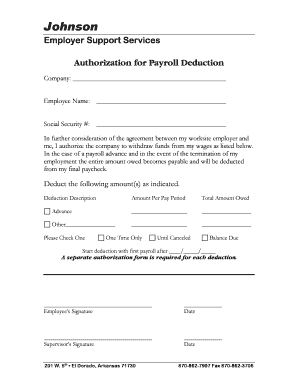 Fillable Online Deduction Authorization Form - Johnson Employer Support ...