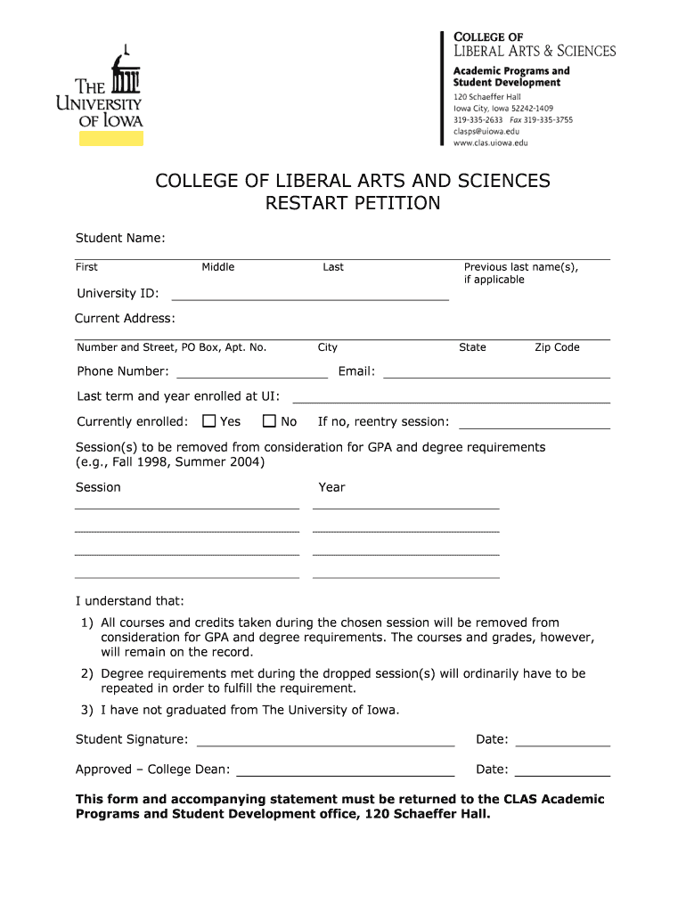 Fillable Online ReStart application form - College of Liberal Arts ...