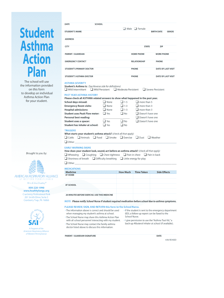 Fillable Online Student Asthma Action Plan Fax Email Print - pdfFiller