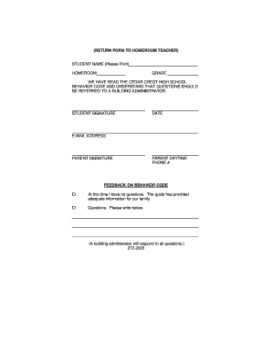 Fillable Online (RETURN FORM TO HOMEROOM TEACHER) STUDENT NAME ... Fax ...