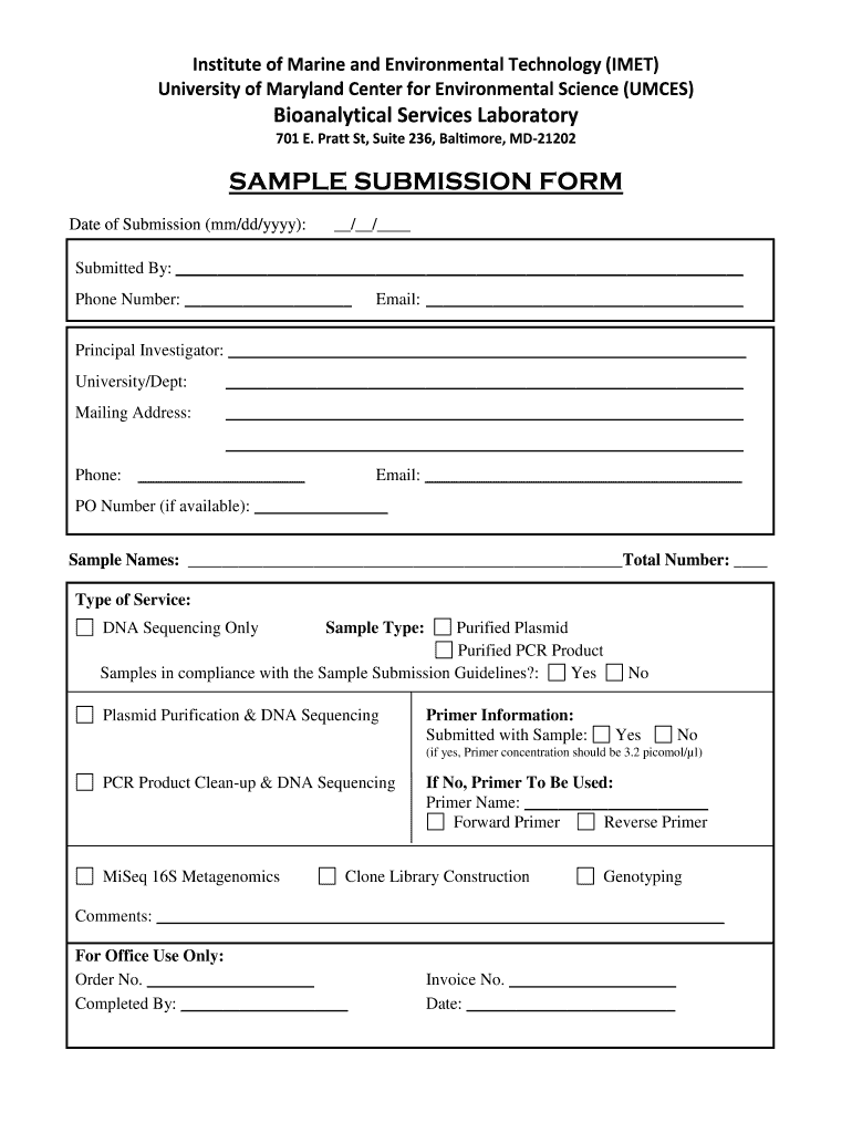 Fillable Online umces Sample submission form - The University of ...