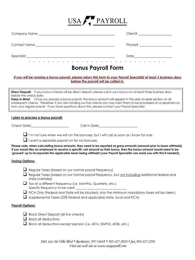 Fillable Online Bonus Payroll Form - USA Payroll Fax Email Print - pdfFiller
