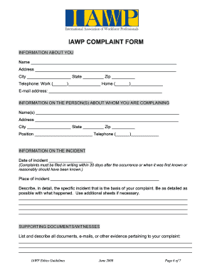Fillable Online iawponline IAWP COMPLAINT FORM - iawponline Fax Email ...
