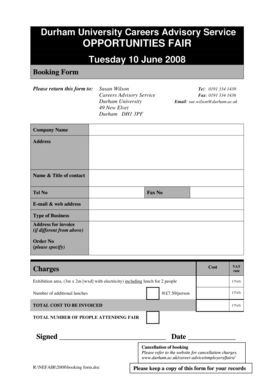 Fillable Online dur ac Graduate Opportunities Fair 2008 Booking Form ...