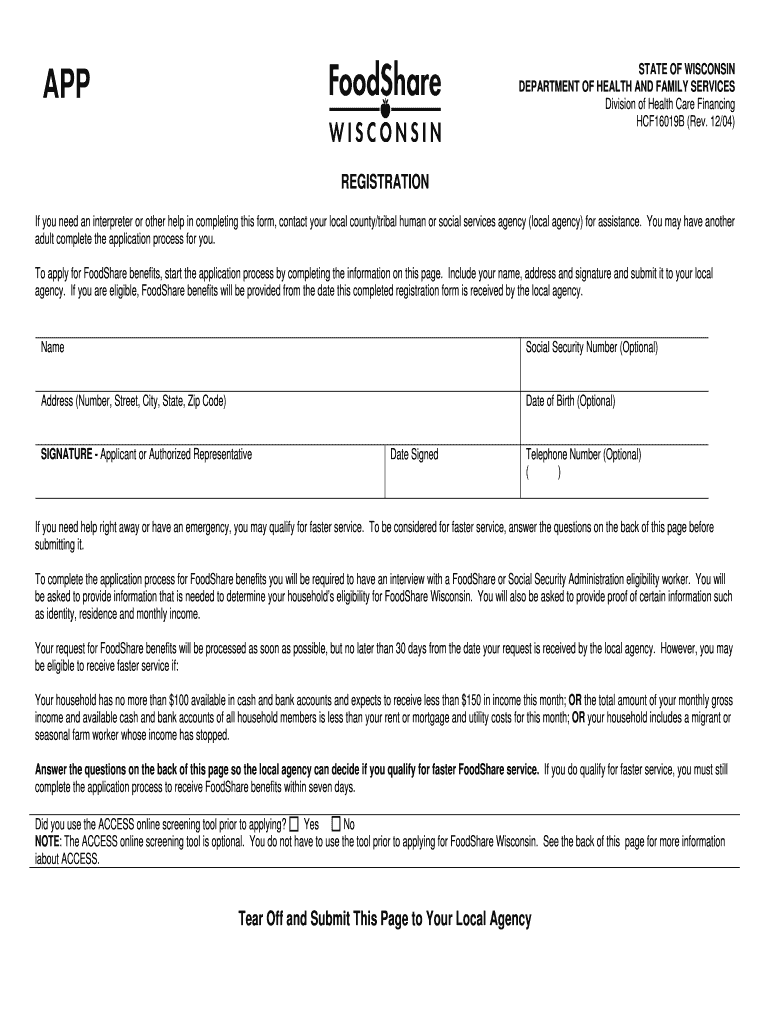 Fillable Online FoodShare Wisconsin Application Registration, HCF ...