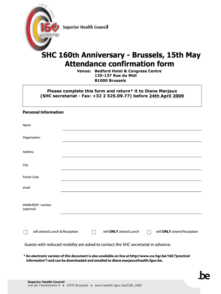 Fillable Online Attendance confirmation form - Health.fgov.be Fax Email Print - pdfFiller