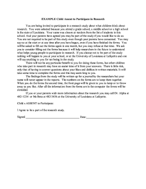 Fillable Online Sample Child Research Assent Form - University Research ...