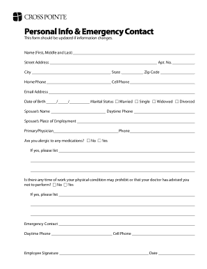 Fillable Online Personal Info & Emergency Contact - Cross Pointe ...