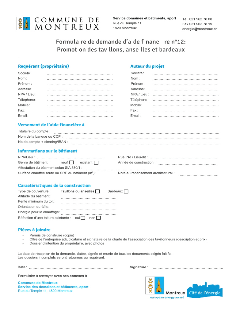 Fillable Online commune-de-montreux Formulaire de demande daide financire n12: Promotion ... Fax ...