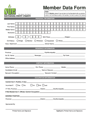Fillable Online nup org Member Data Form - National Unity Party - nup ...