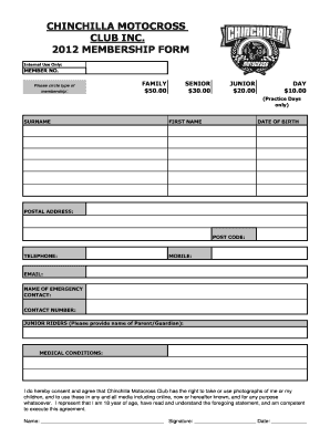 Fillable Online 2012 MEMBERSHIP FORM - Chinchilla Motocross Club Fax ...