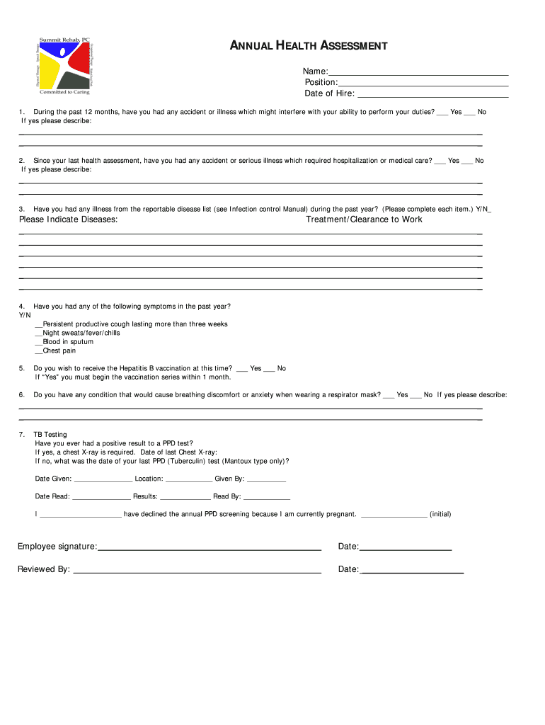Fillable Online ANNUAL HEALTH ASSESSMENT - summitrehab.net Fax Email ...