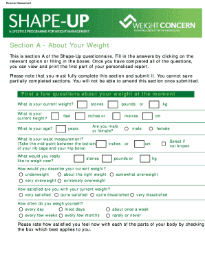 Fillable Online shape-up Section A - About Your Weight - shape-Up Fax ...