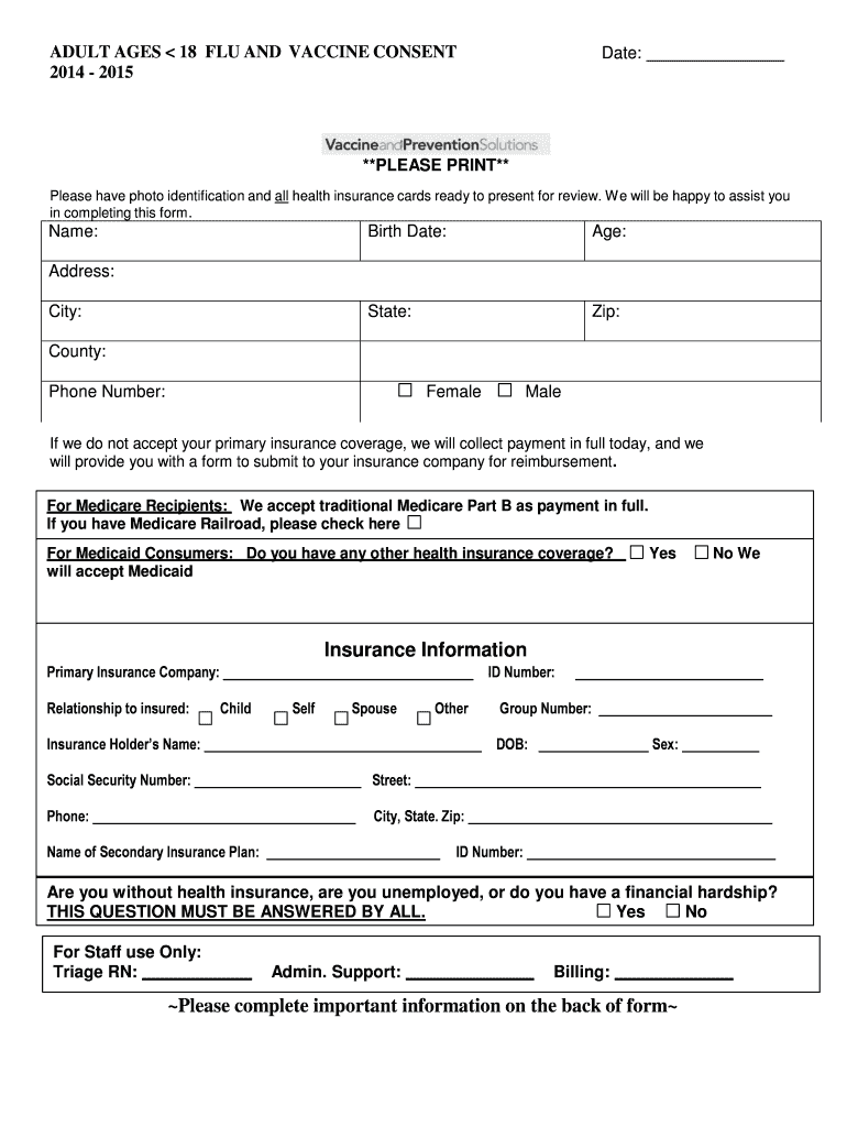 Fillable Online ADULT AGES 18 FLU AND VACCINE CONSENT Fax Email Print ...