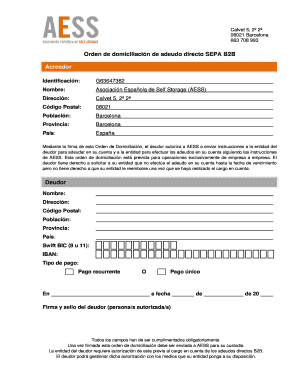 Fillable Online aess Orden de domiciliacin de adeudo directo SEPA B2B ...