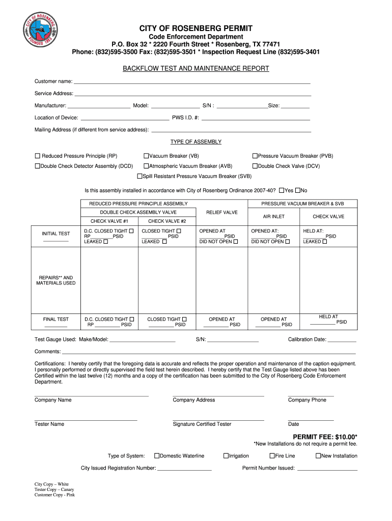 Fillable Online BACKFLOW TEST PERMIT AND MAINTENANCE REPORT revised ...