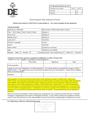Fillable Online kingsdofe co Participant Enrolment Form ...