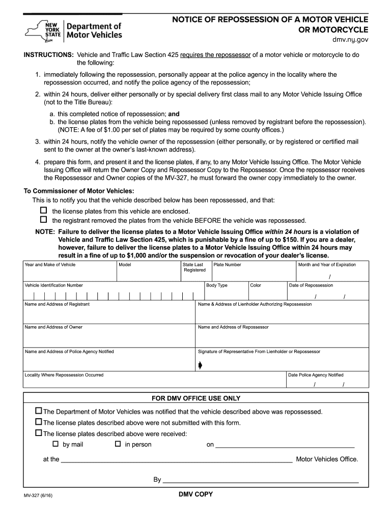Fillable Online dmv ny NOTICE OF REPOSSESSION OF A MOTOR VEHICLE Fax ...