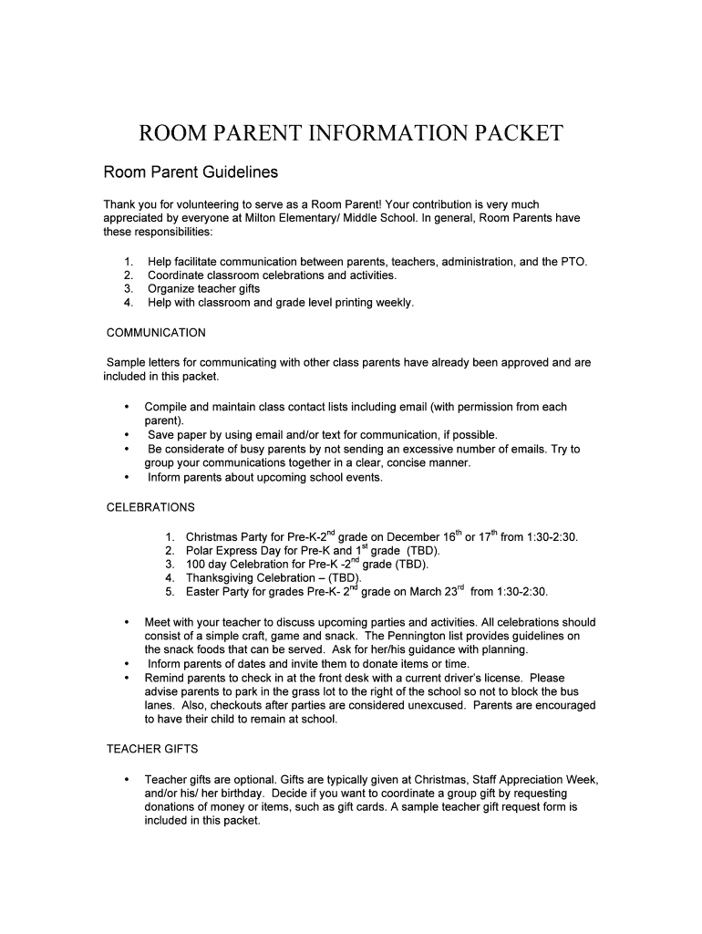 Fillable Online ROOM PARENT INFORMATION PACKET - Milton Elem/Middle ...